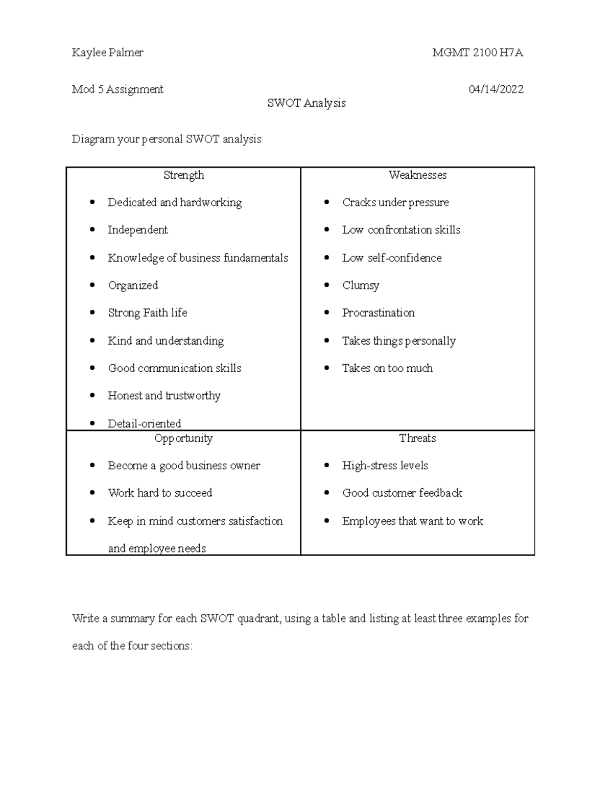 Module 5 Assignment SWOT analysis - Kaylee Palmer MGMT 2100 H7A Mod 5 ...