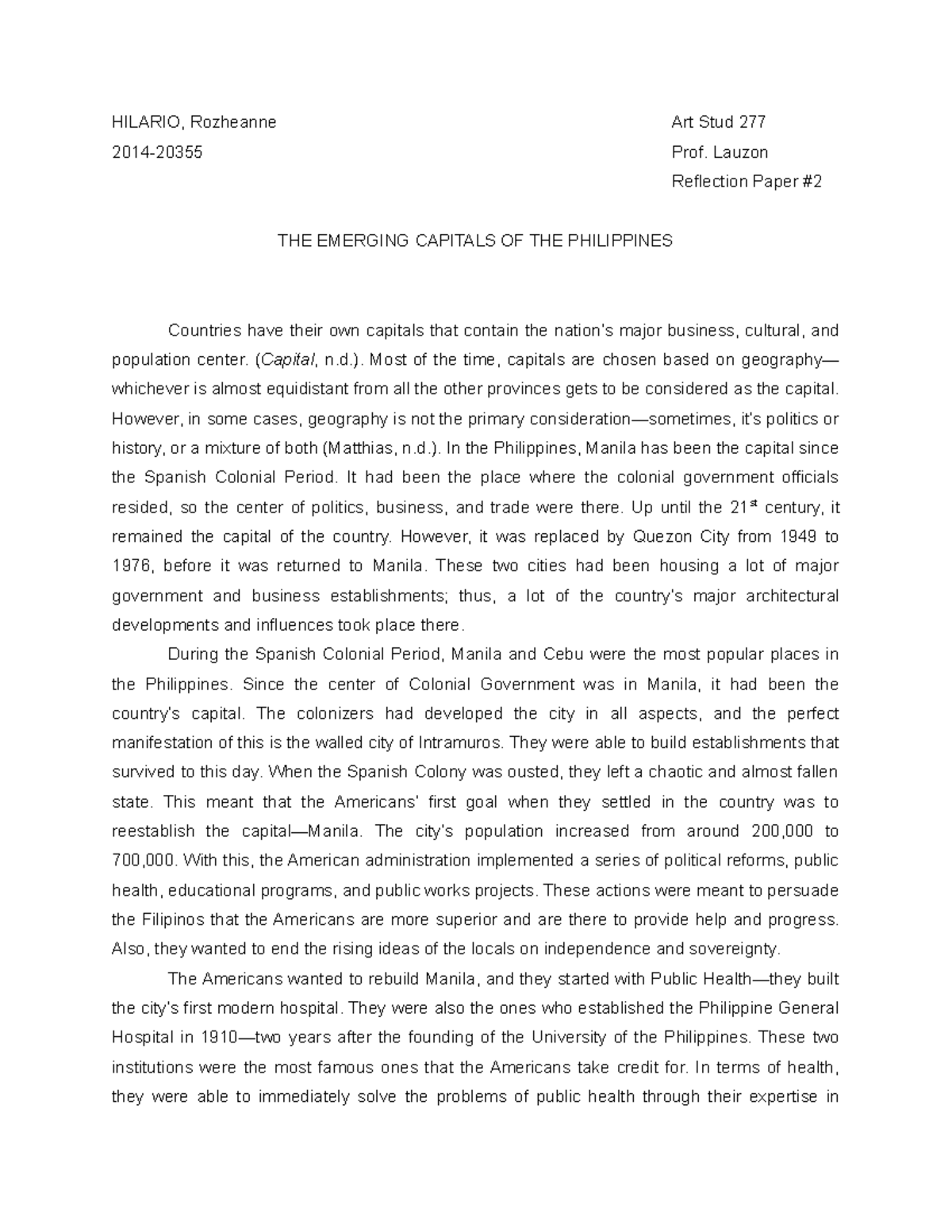 AS277 Reflection Paper 2 - HILARIO, Rozheanne Art Stud 277 2014-20355 ...