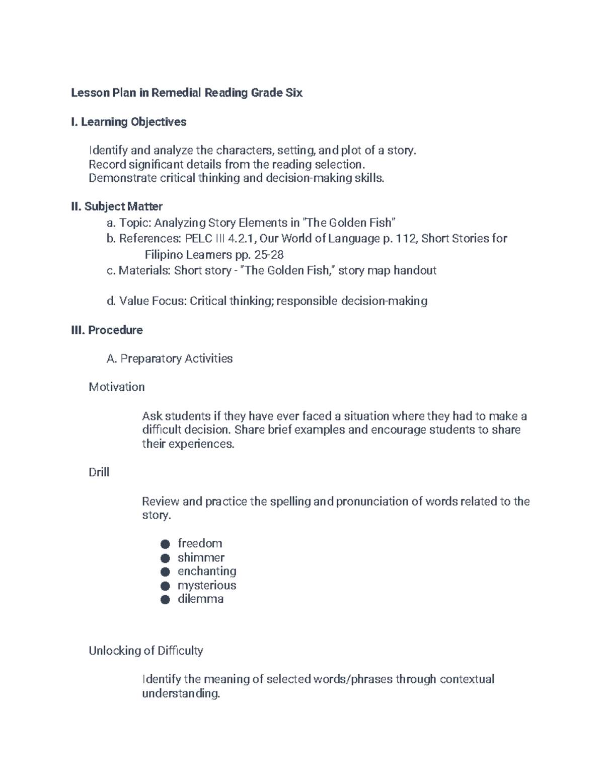 Lesson Plan in Remedial Reading Grade Six - Learning Objectives ...