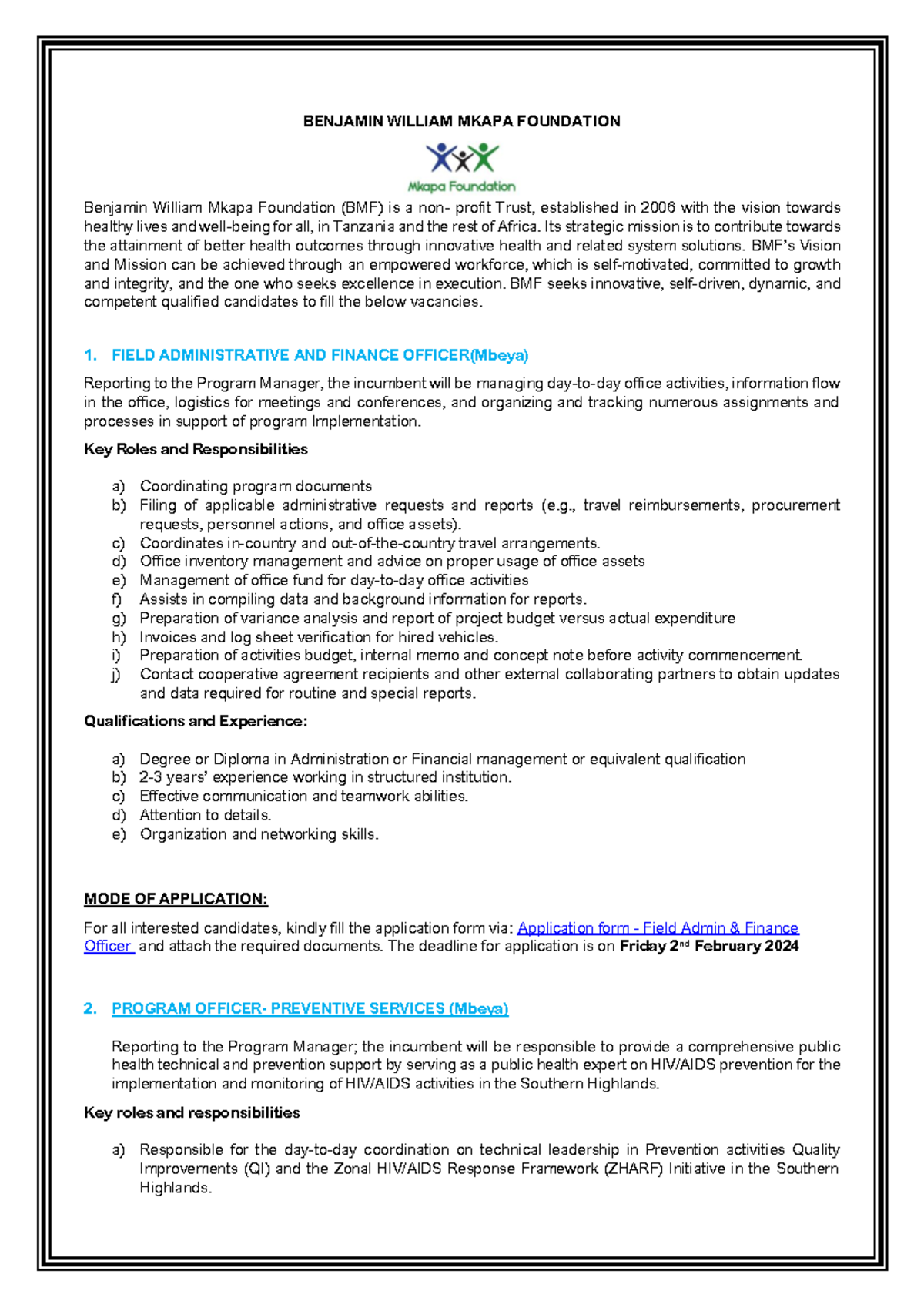 Benjamin Mkapa Foundation Vacancies 2 - BENJAMIN WILLIAM MKAPA ...