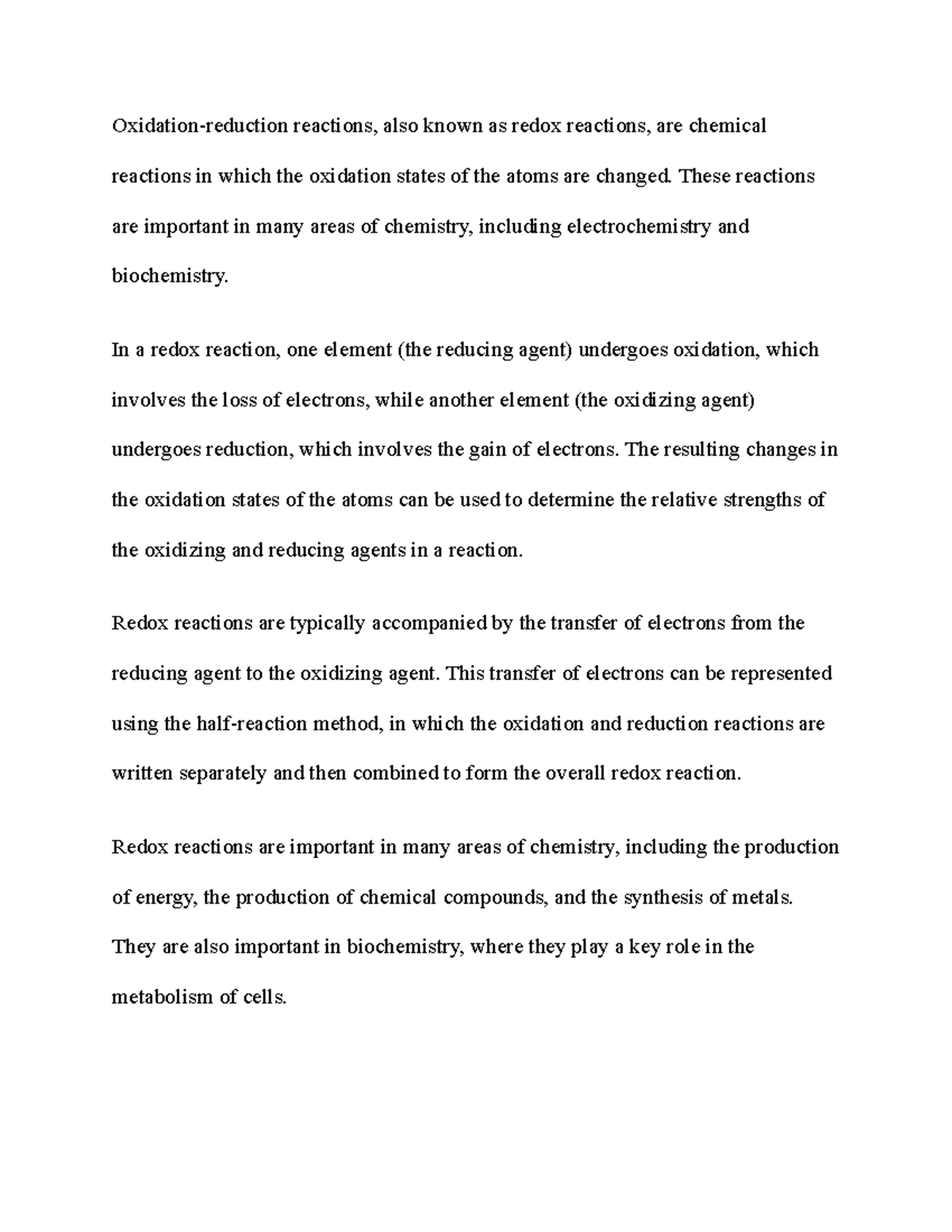 Oxidation-reduction lecture notes - Oxidation-reduction reactions, also ...