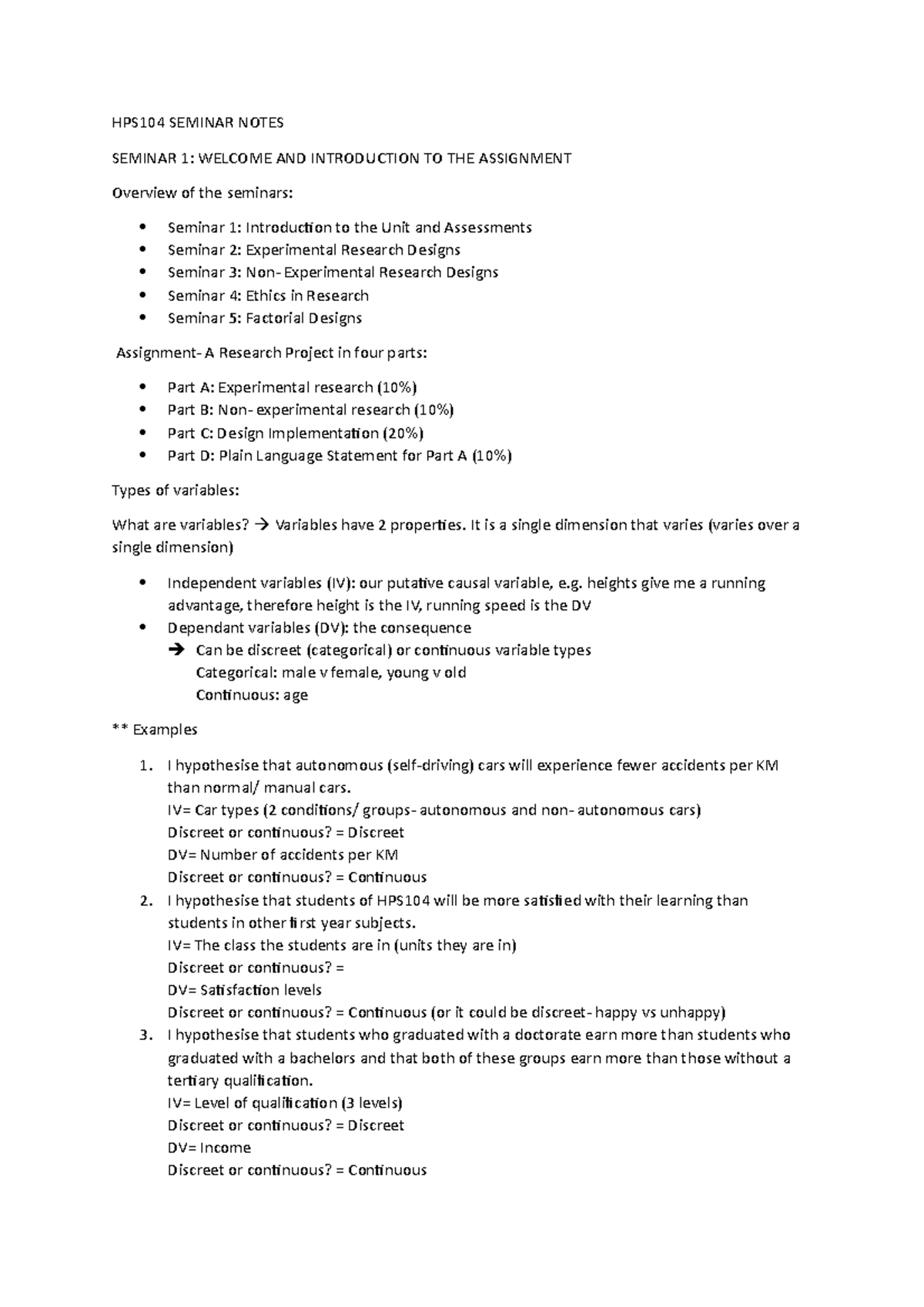 HPS104 Seminar Notes - HPS104 SEMINAR NOTES SEMINAR 1: WELCOME AND ...