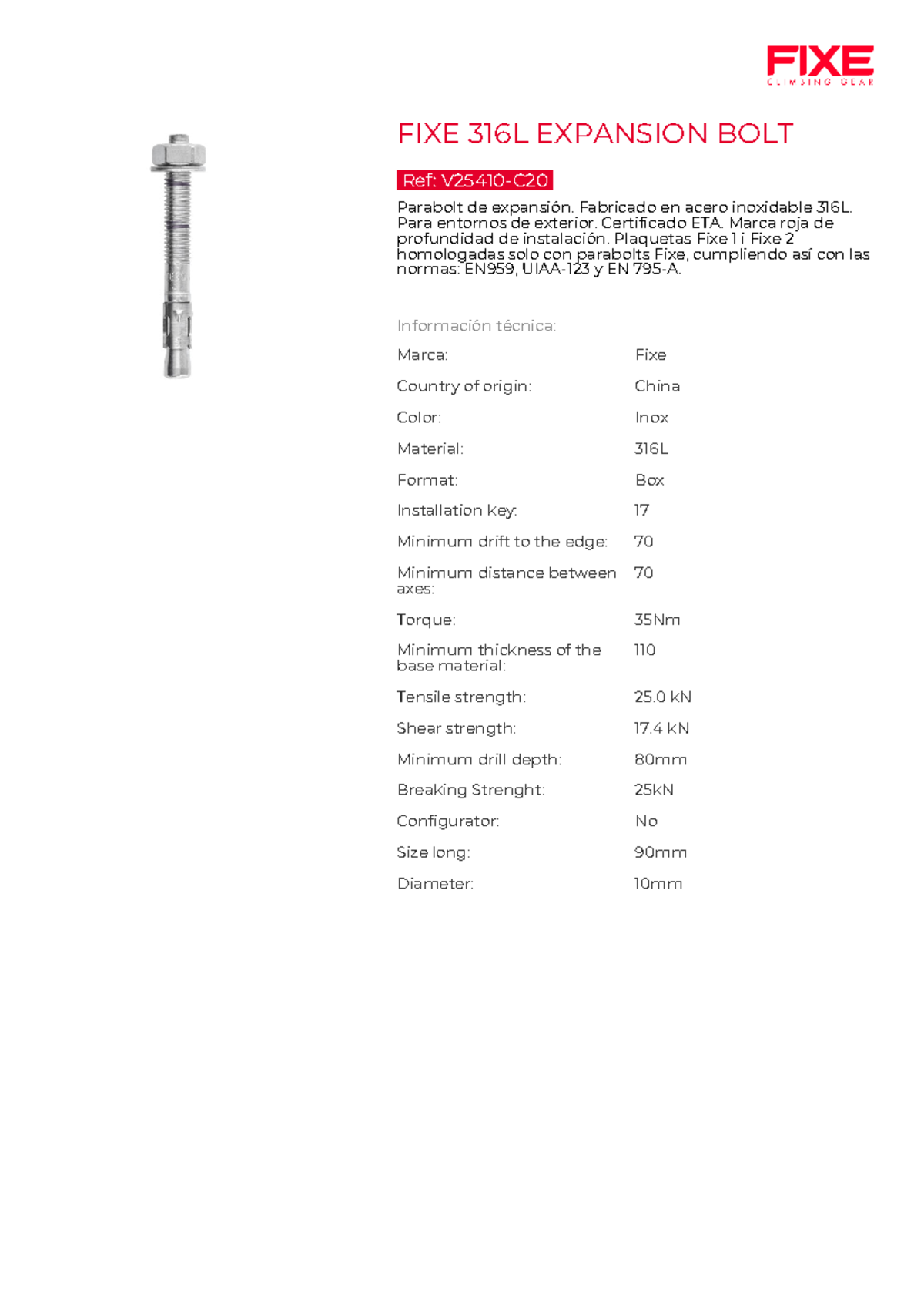 Technical DATA Sheet FIXE 316L Expansion BOLT-V25410-C20 - FIXE 316L ...