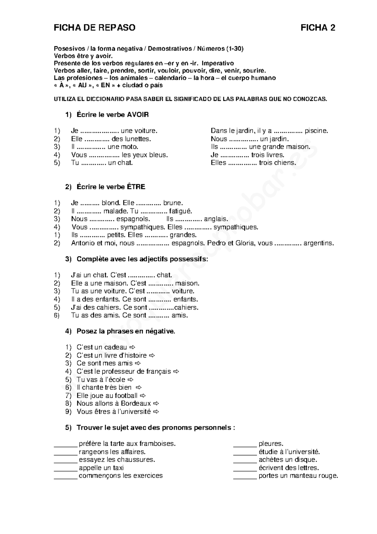 Ficha repaso francés 2 - Posesivos / la forma negativa / Demostrativos / Números (1-30) Verbos ...