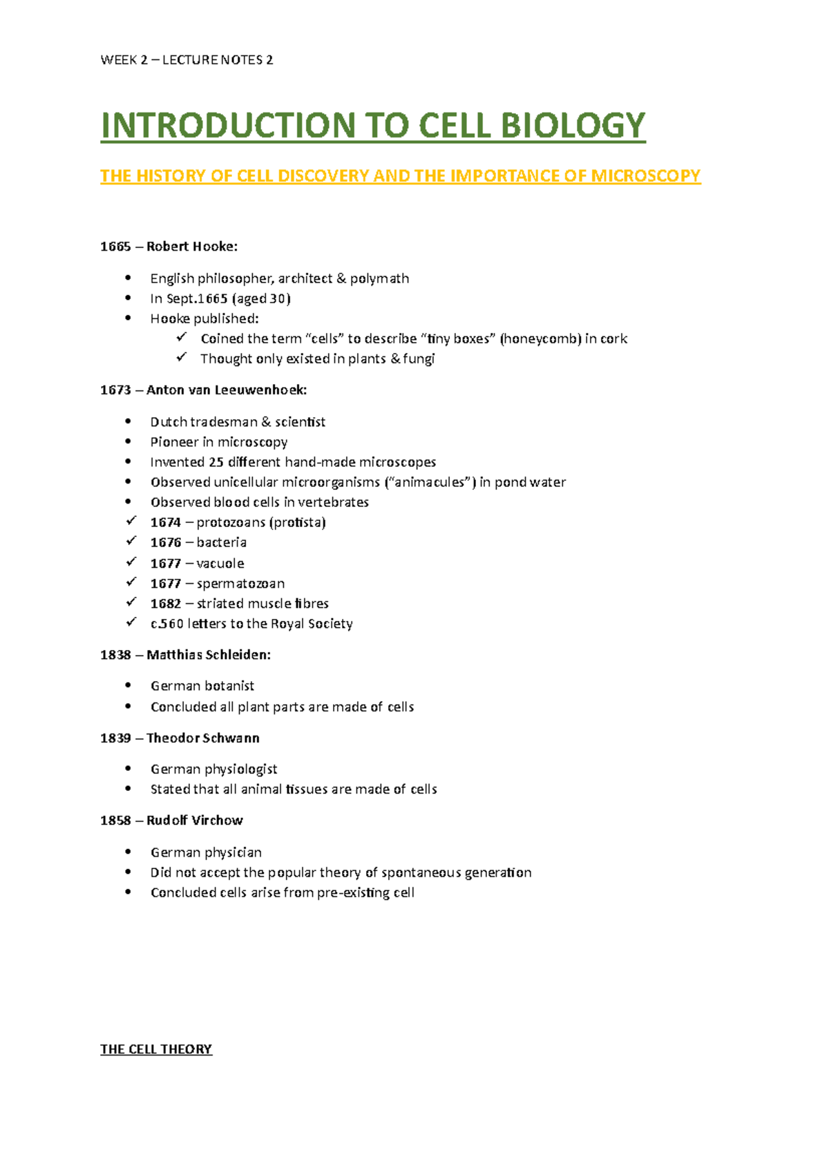 Week 2 Introduction To Cell Biology Lecture Notes 2 Week 2 Lecture Notes 2 Introduction