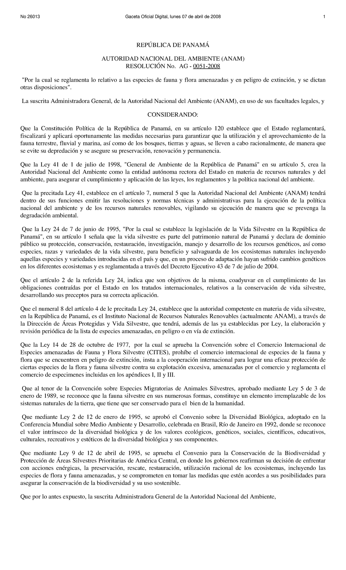 == ResolucióN ANAM 2008 - REPÚBLICA DE PANAMÁ AUTORIDAD NACIONAL DEL ...