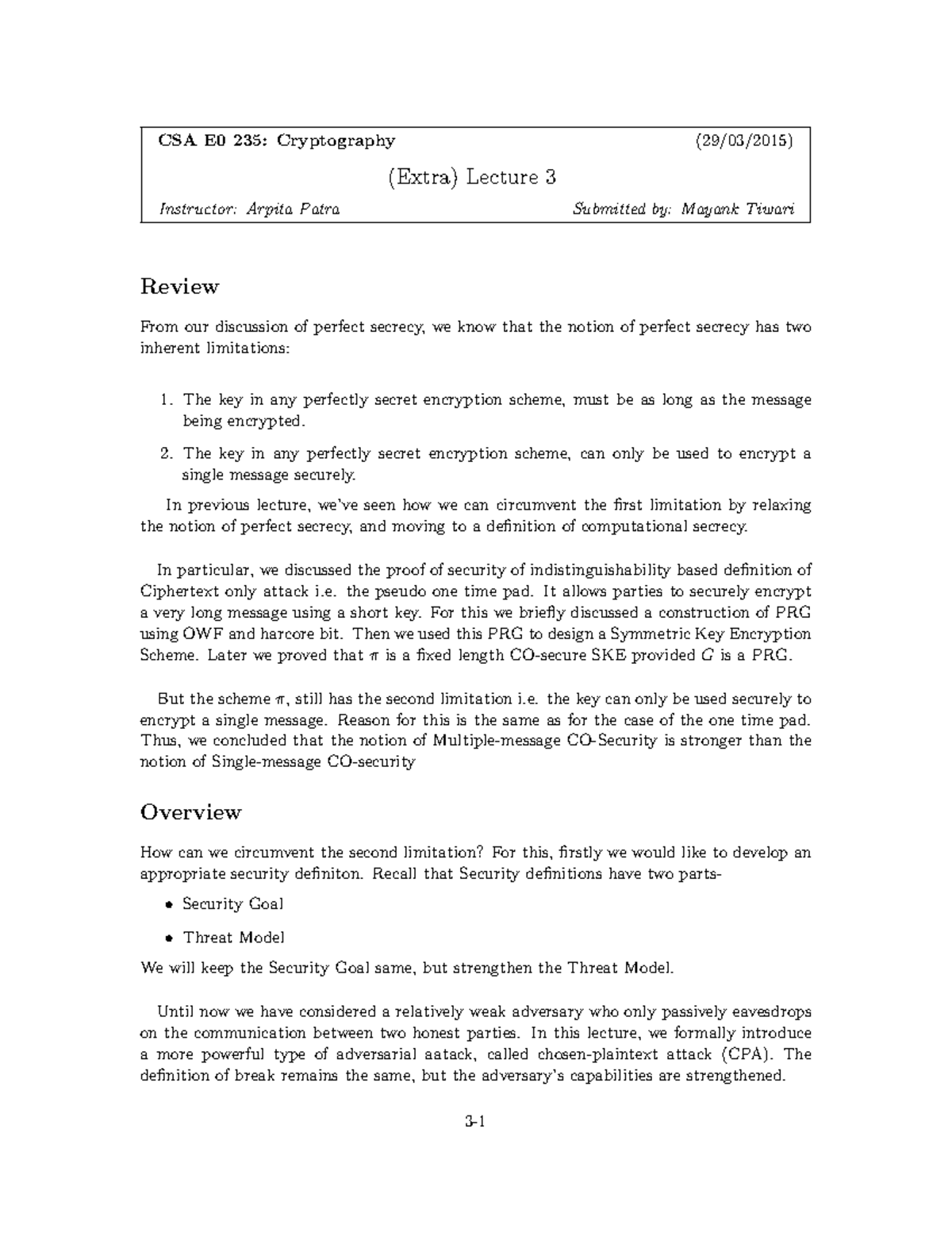 Scribe 3M - Cryptography review - CSA E0 235: Cryptography (29/03/2015 ...