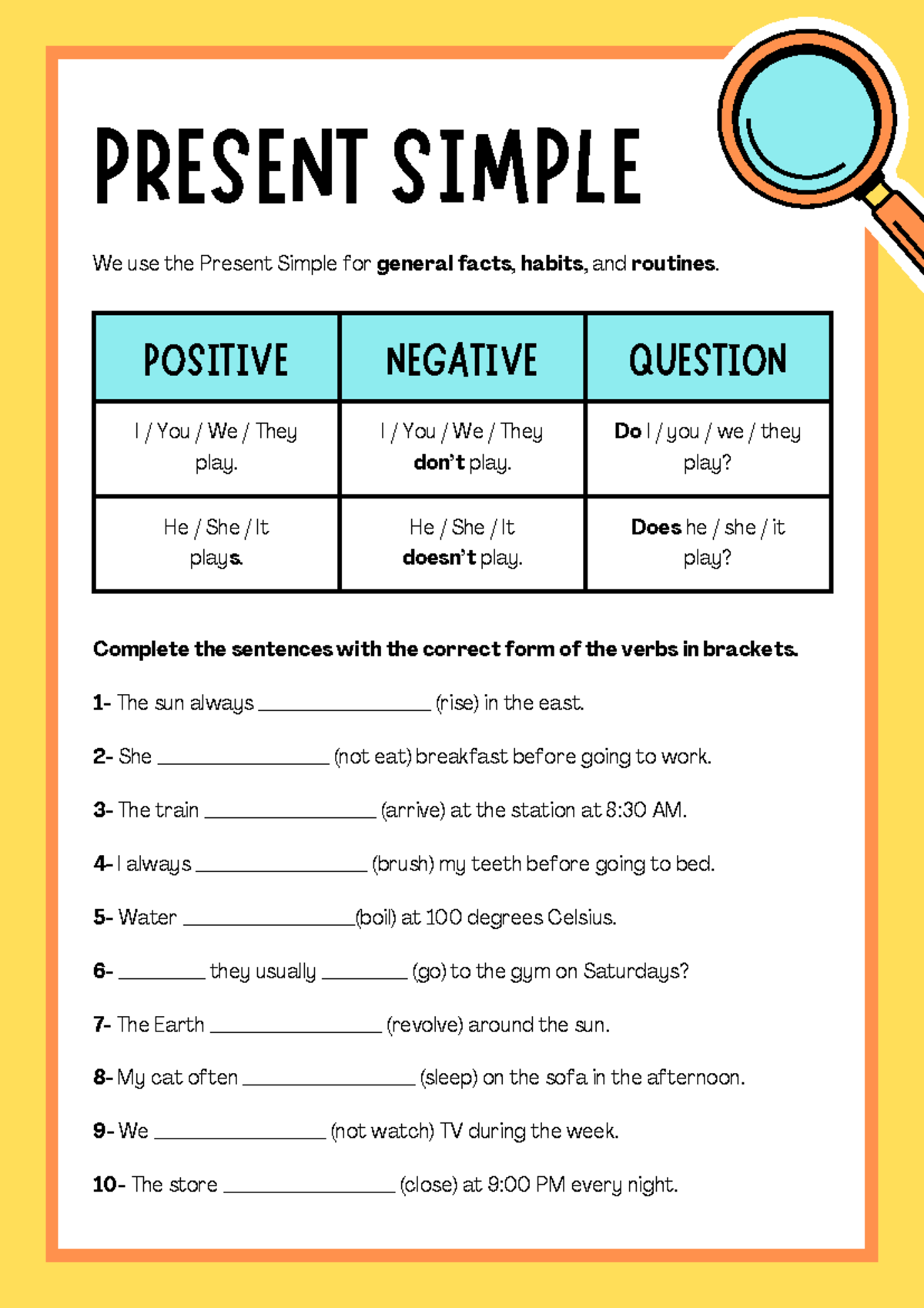 Present Simple Worksheet in Yellow Orange Retro Style - I / You / We ...