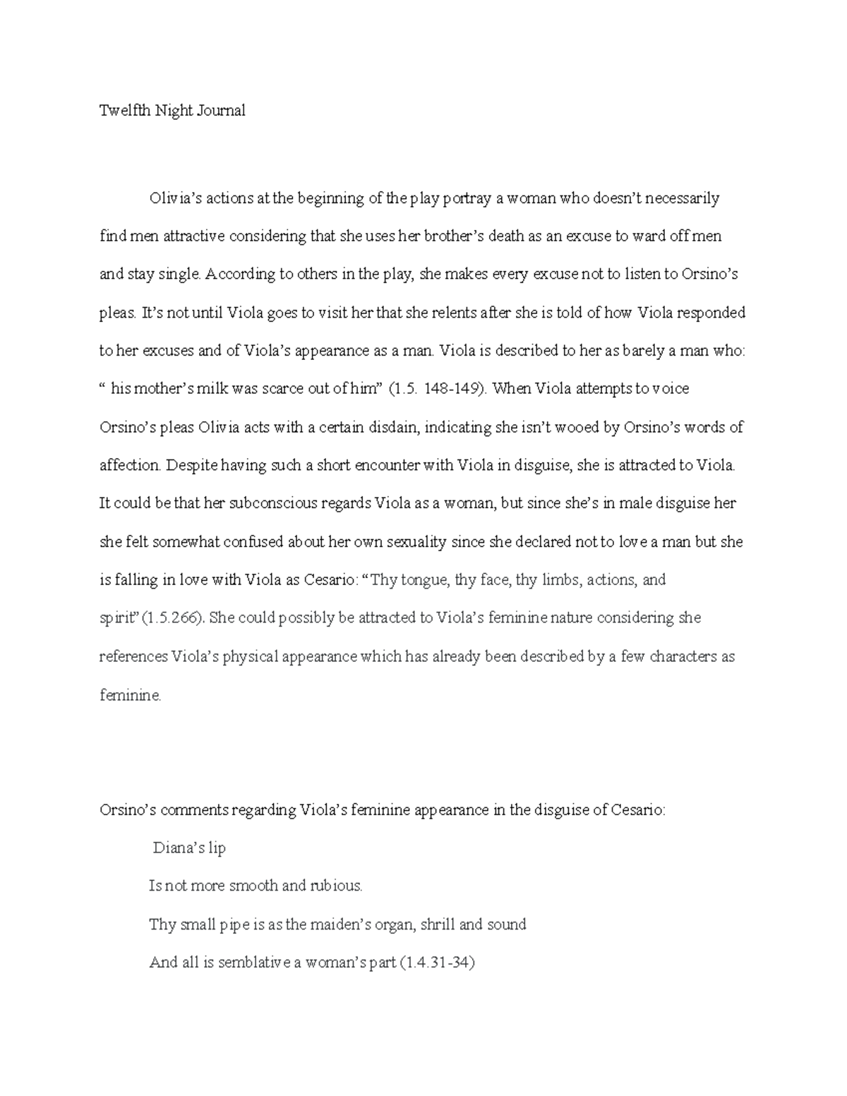 Twelfth Night Journal - Analysis of Olivia's actions - Twelfth Night ...
