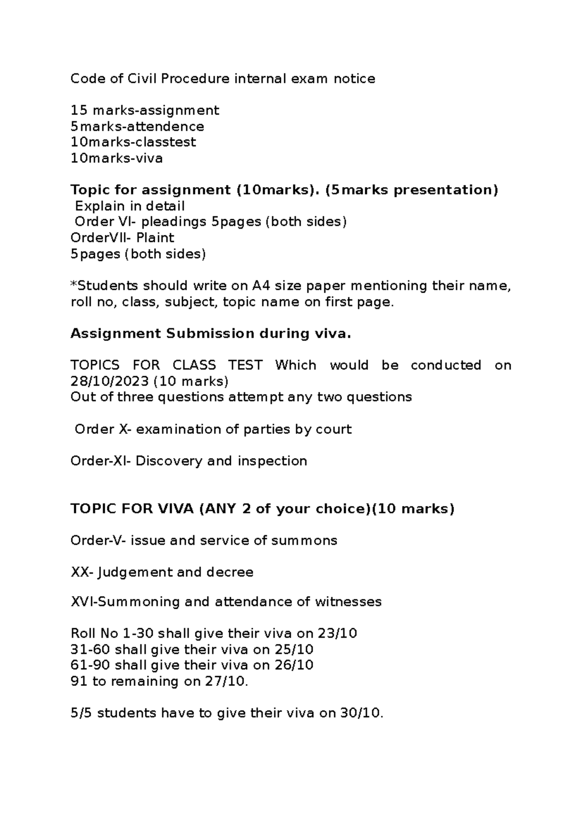 Code of Civil Procedure internal exam notice - (5marks presentation ...