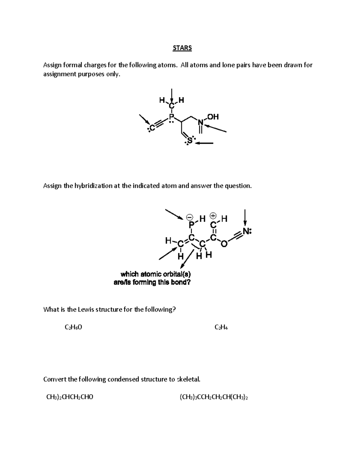 Stars wrksht 1 - staar worksheet - STARS Assign formal charges for the ...