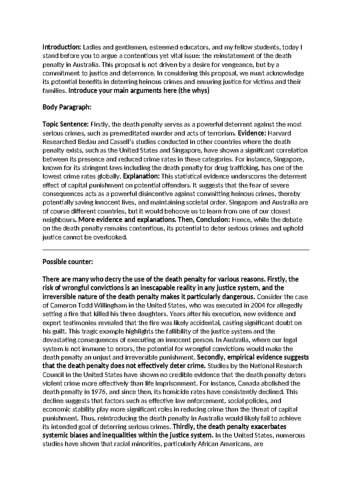 Example body paragraph and counter argument paragraph - Introduction ...