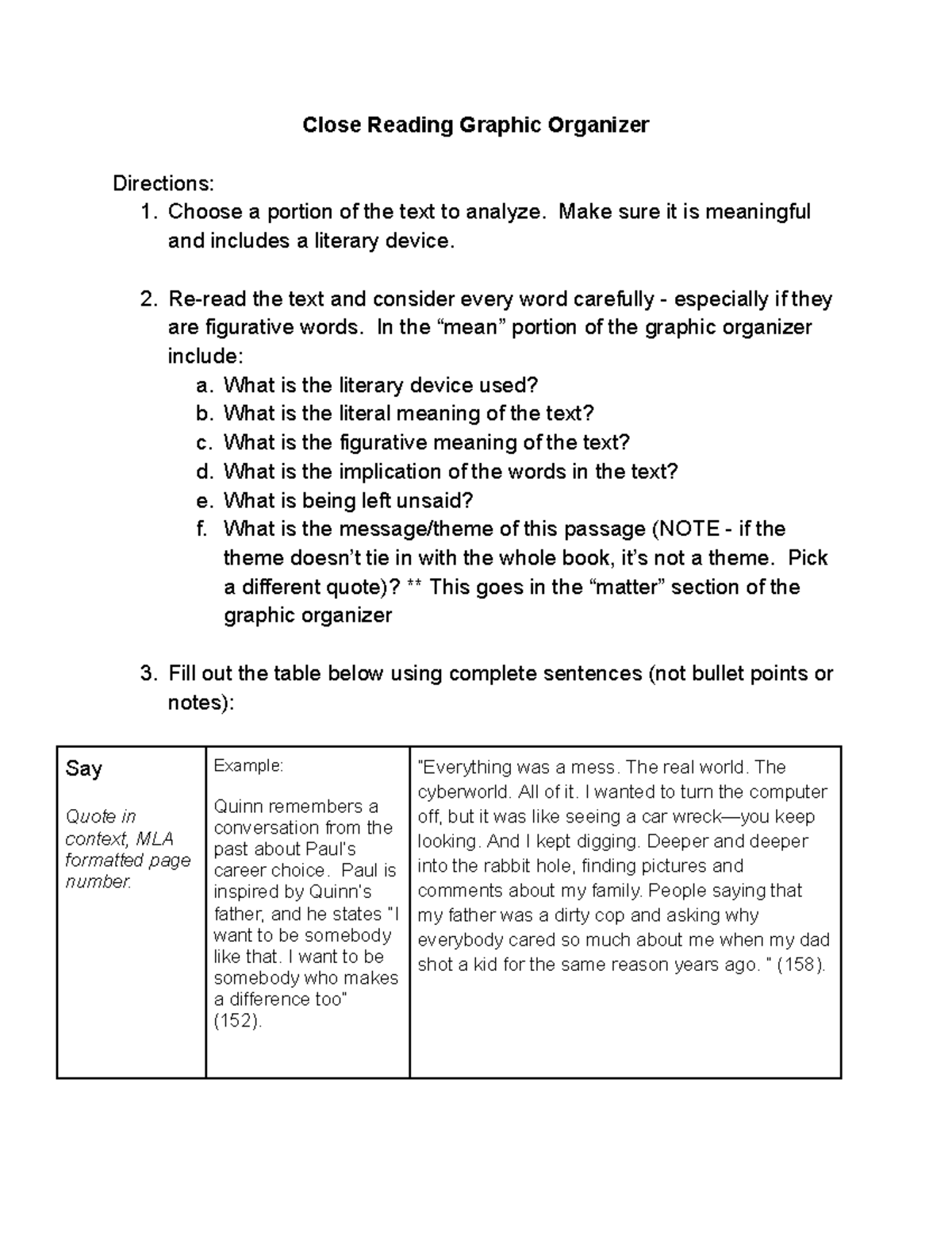 Copy of Thursday close reading assignment - Close Reading Graphic ...