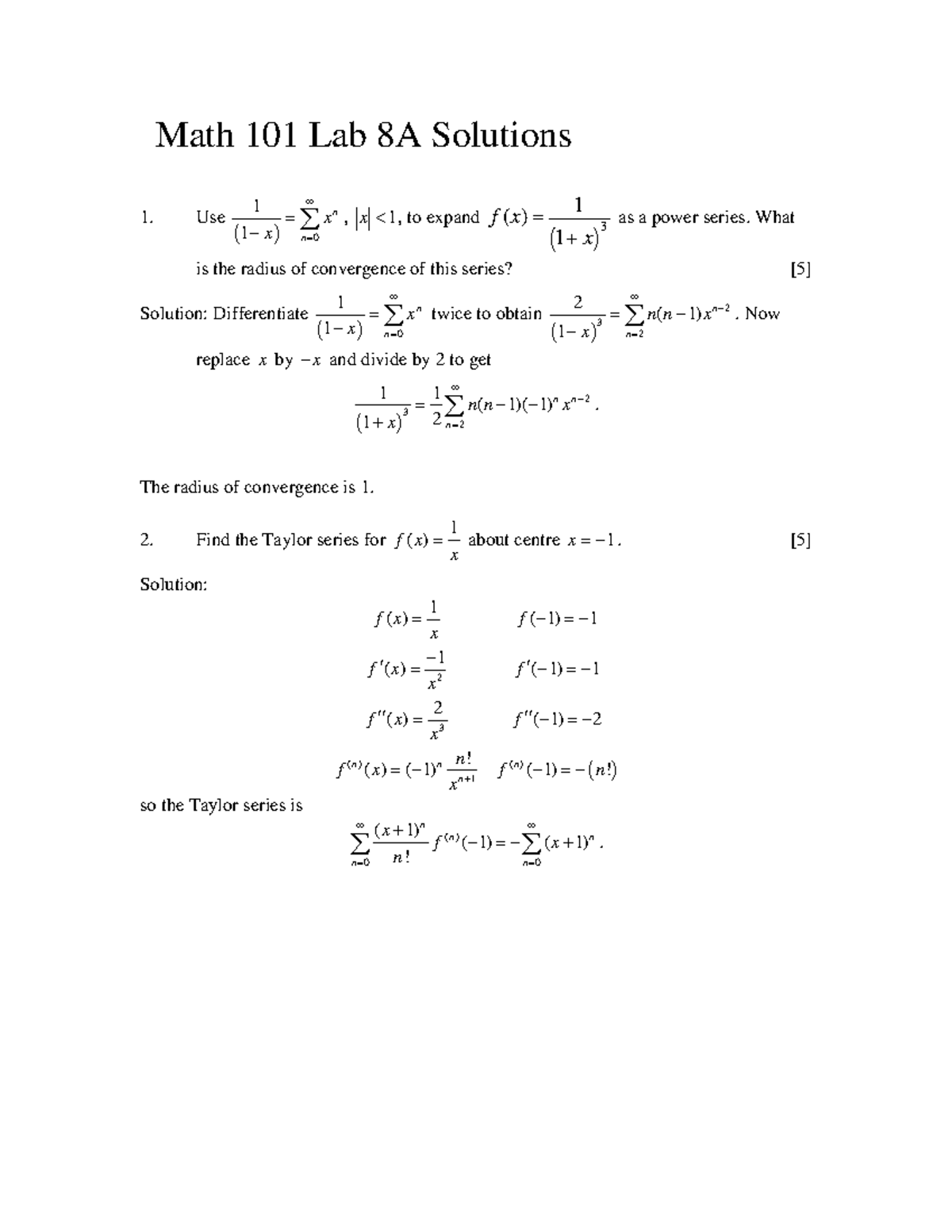 Math 101 Lab 8A Solution - Math 101 Lab 8A Solutions Use () 0 1 1 n n x ...