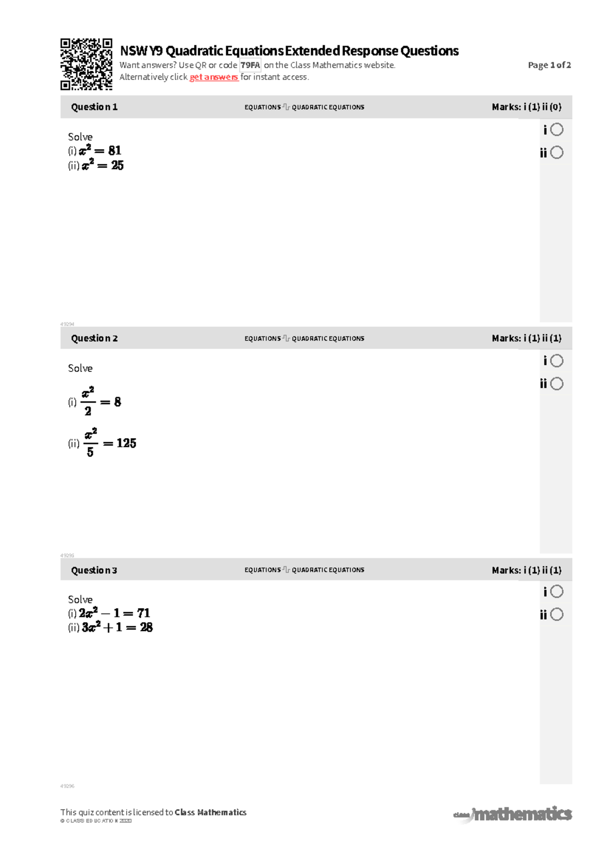 NSW Y9 Quadratic Equations Extended Response Questions 66149 - NSW Y9 ...