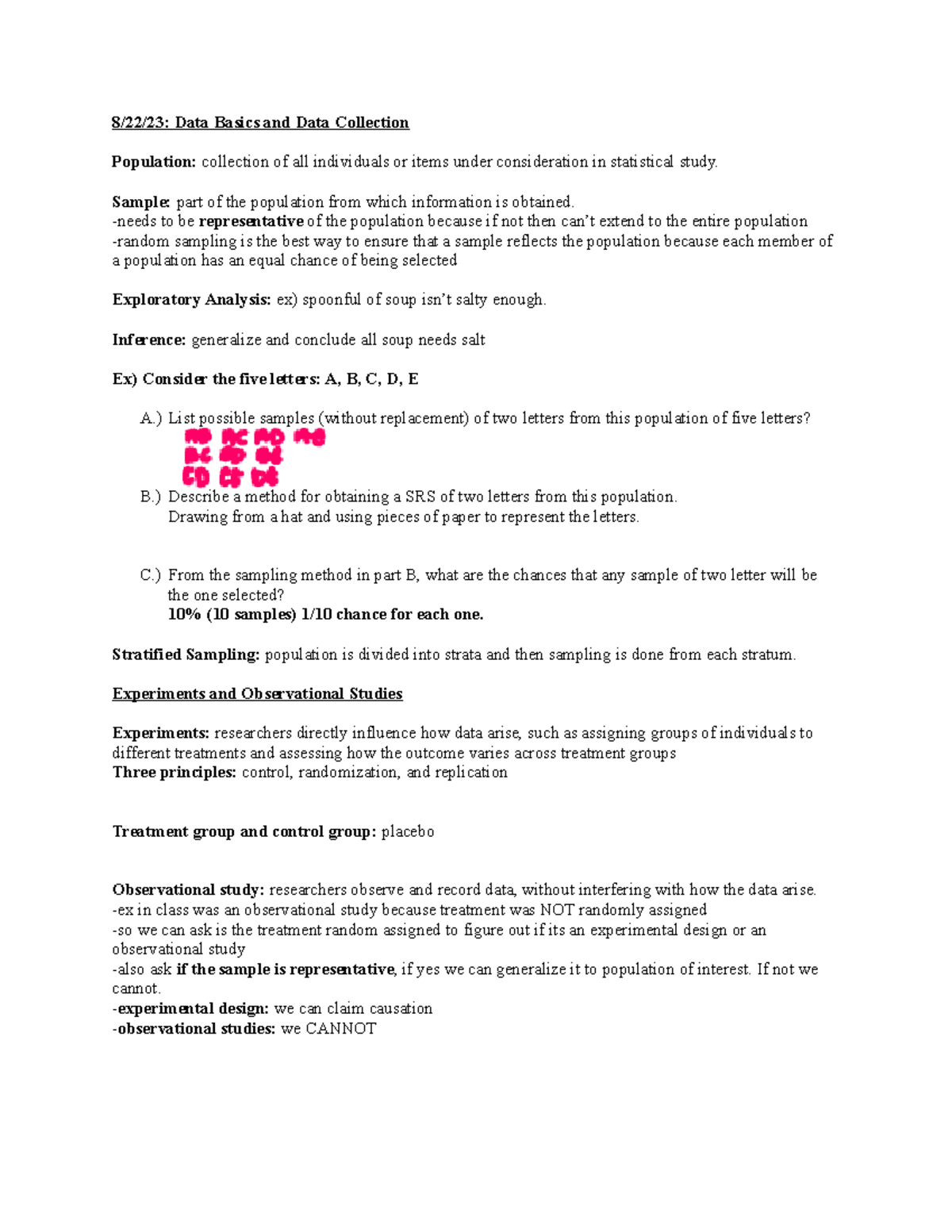 Exam 1 Notes In Class Stats 8 22 23 Data Basics And Data Collection Population Collection Of