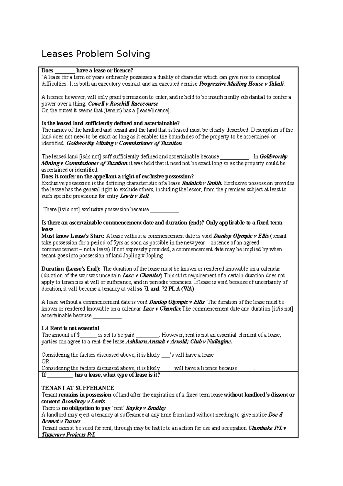 Leases Problem Solving Guide - Leases Problem Solving Does have a lease ...