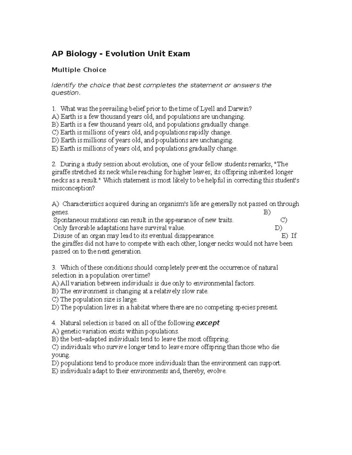 AP Biology Evolution unit test mult choice section - AP Biology ...