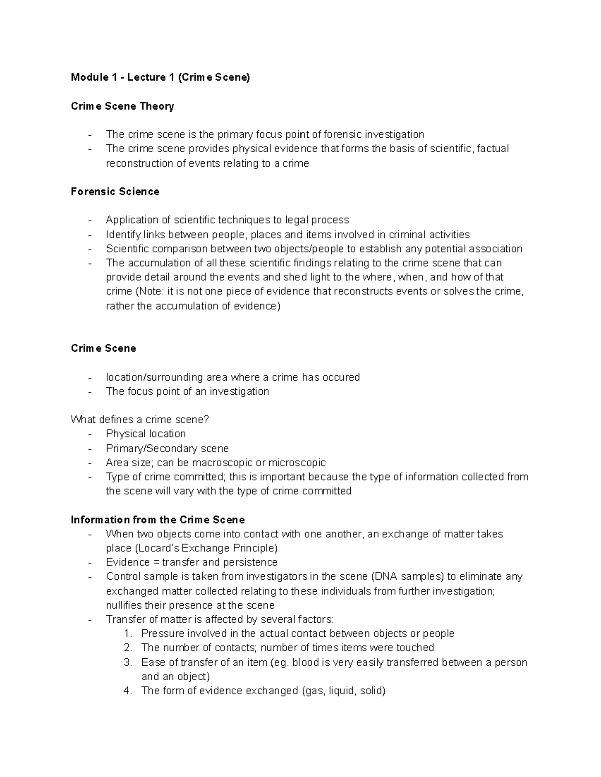 FNSC2200 Part 1 - Module Notes - Module 1 - Lecture 1 (Crime Scene ...
