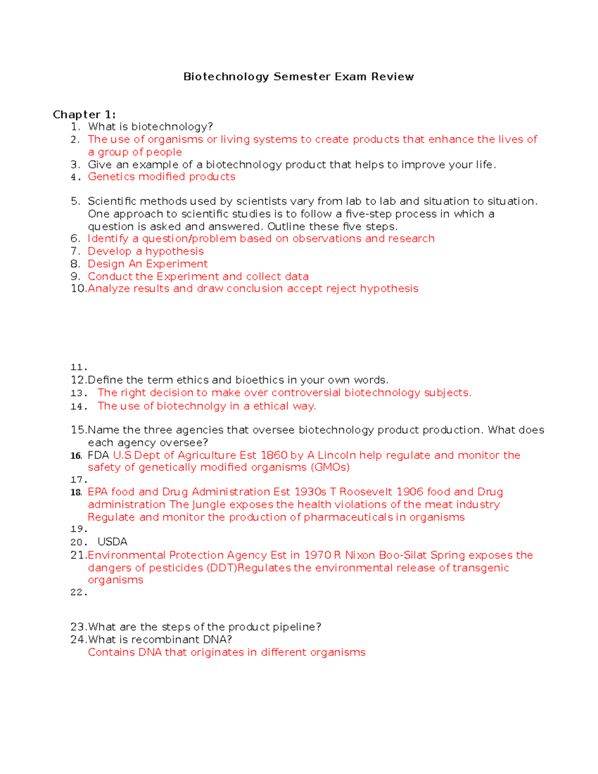 First Sem Review 2020 - Study guide - Biotechnology Semester Exam ...