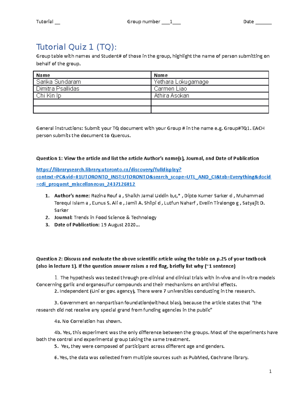 Tutorial Quiz 1 - CYC1 - 10AM - Tutorial __ Group number 1 Date ______ Tutorial Quiz 1 (TQ ...