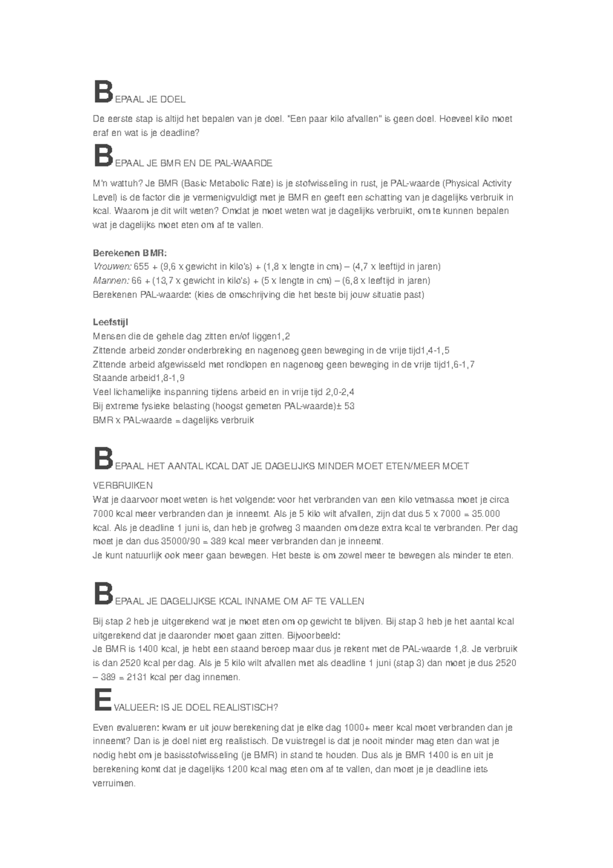 Basaalstofwisseling en Pal Waarde - College - aantekeningen, college 1 ...