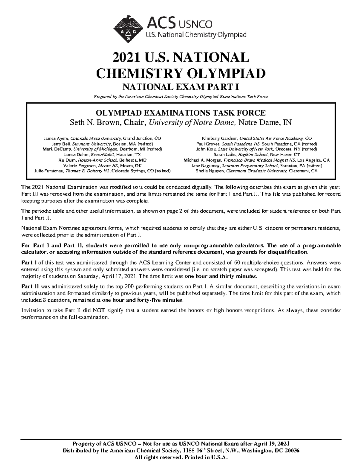 ACS 2021 National - The GRE subject test in chemistry is a standardized ...