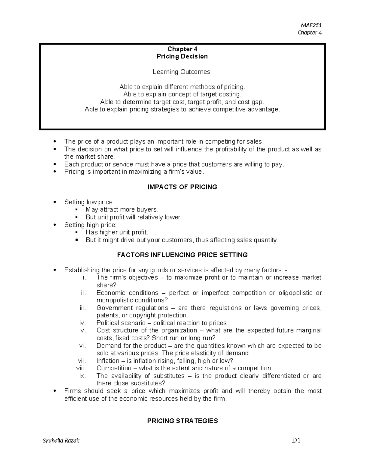 Chapter 5 - Pricing Decision - Chapter 4 Chapter 4 Pricing Decision Learning Outcomes: Able to ...