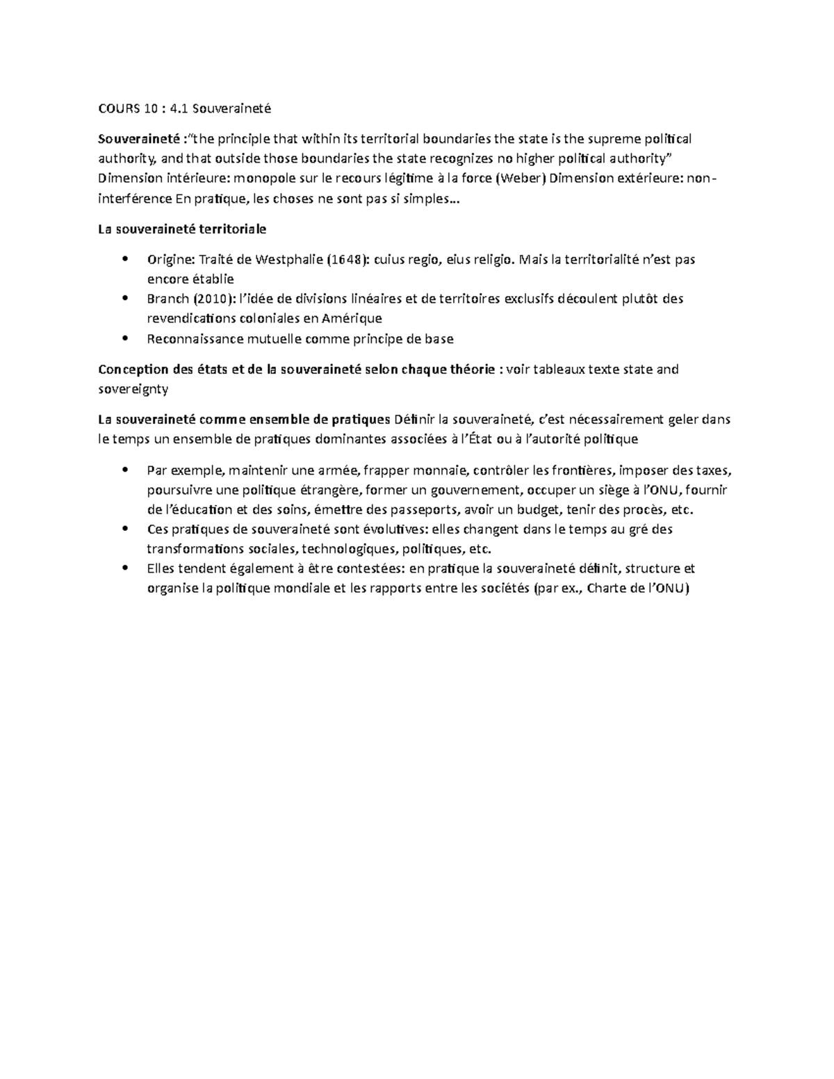 Poli 12 - poli - COURS 10 : 4 Souveraineté Souveraineté :“the principle ...