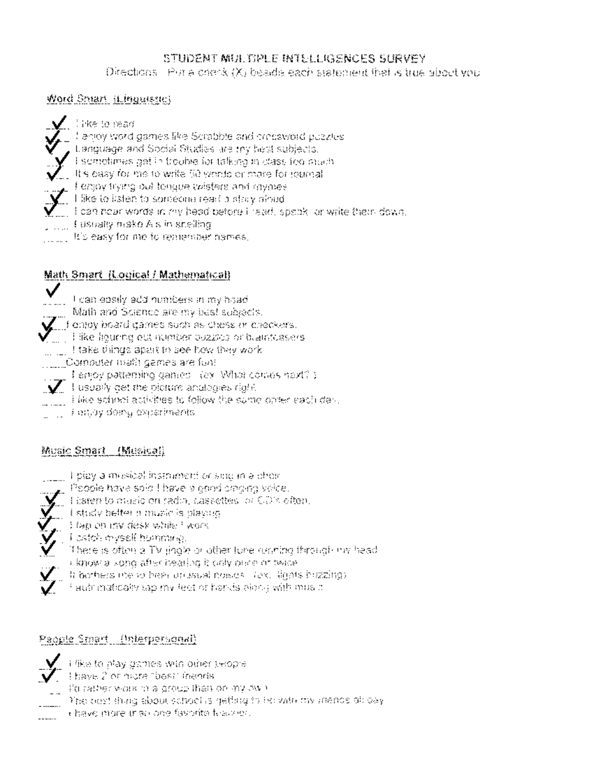 Multiple Intelligence Survey - STUDENT MULTIPLE INTELLIGENCES SURVEY S ...