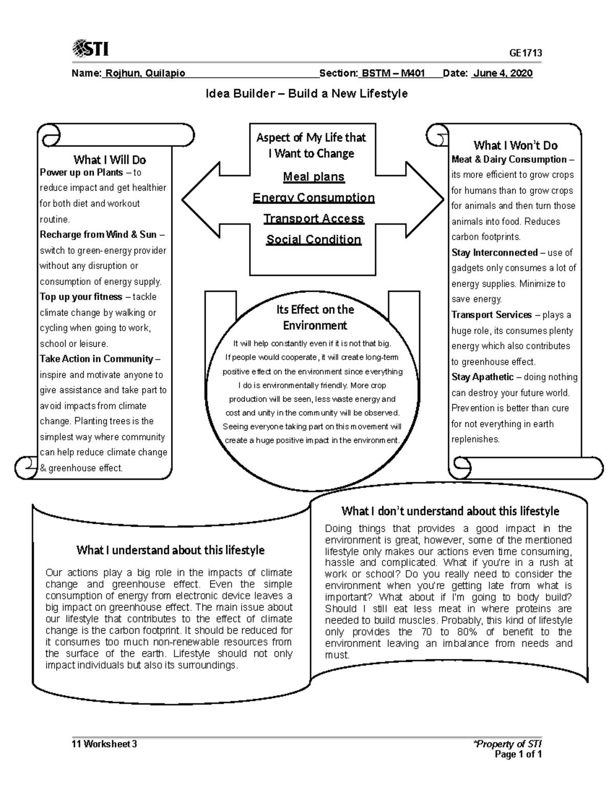 Worksheet Idea Builder - What I Will Do Aspect of My Life that I Want ...