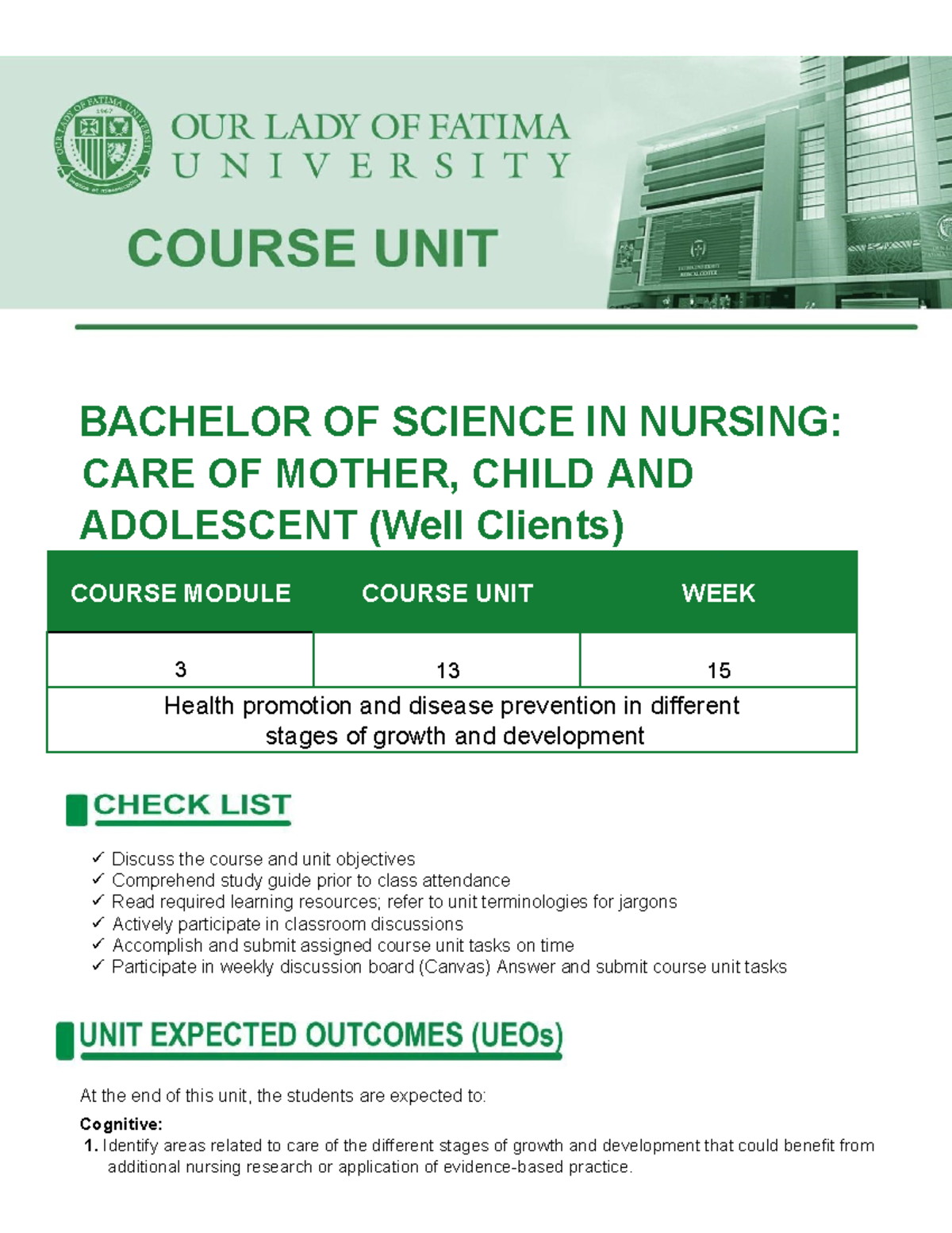Course UNIT w EEK 15 - Lecture notes - BACHELOR OF SCIENCE IN NURSING ...