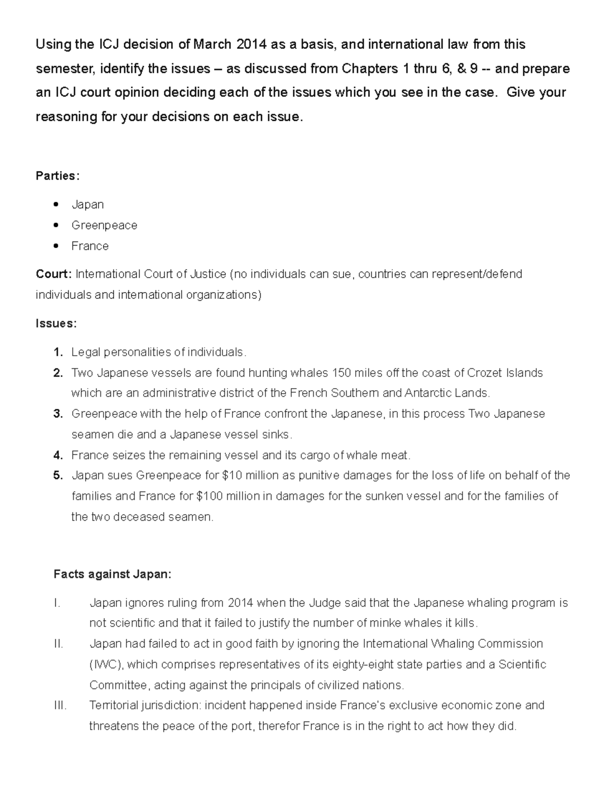 Midterm Japan v France whaling case - Using the ICJ decision of March ...
