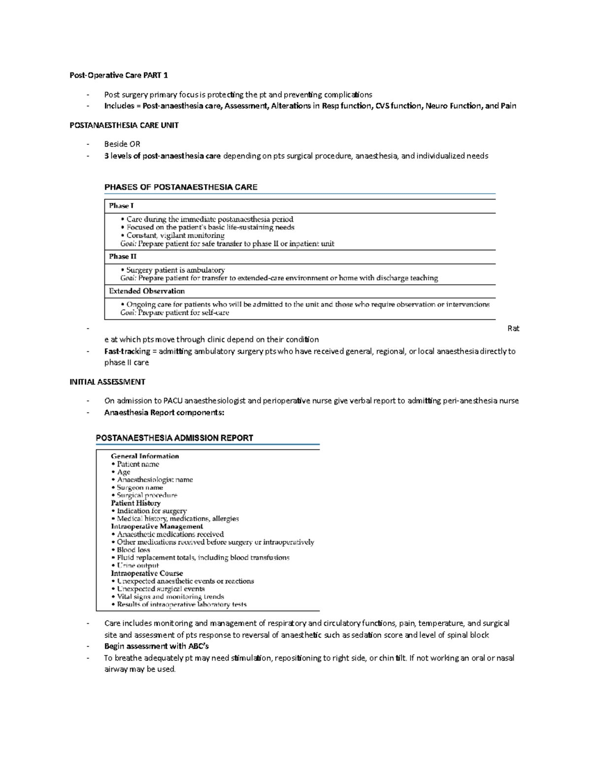 Postop Care pt. 1 - Lecture notes 2 - Post-Operative Care PART 1 - Post ...