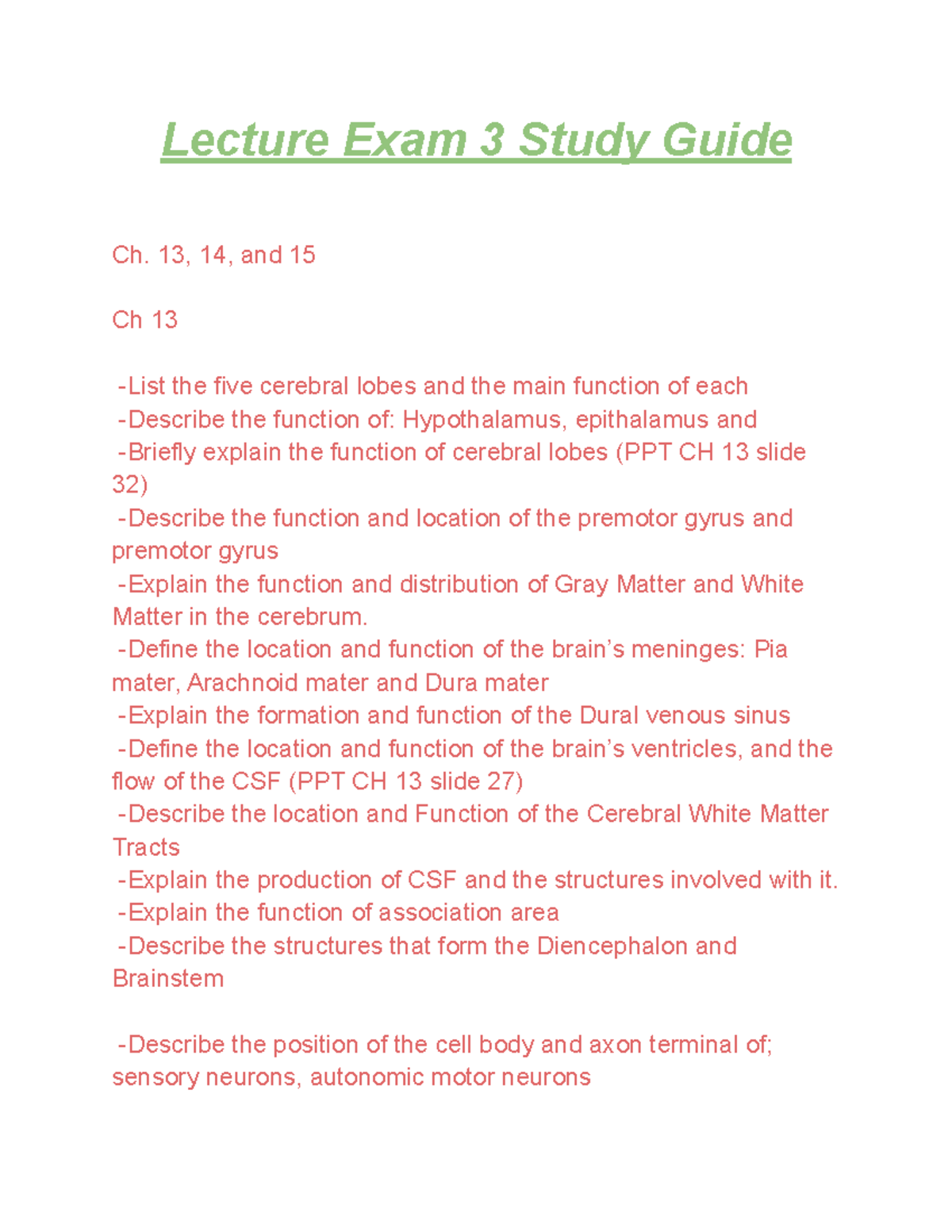 Lecture Study Guide Exam #3 - Lecture Exam 3 Study Guide Ch. 13, 14 ...