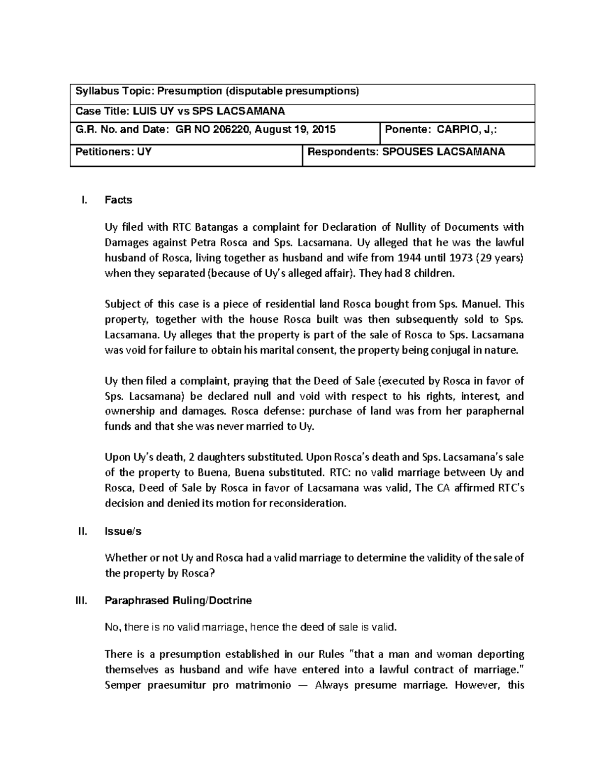 6. Uy vs Lacsamana - Syllabus Topic: Presumption (disputable ...