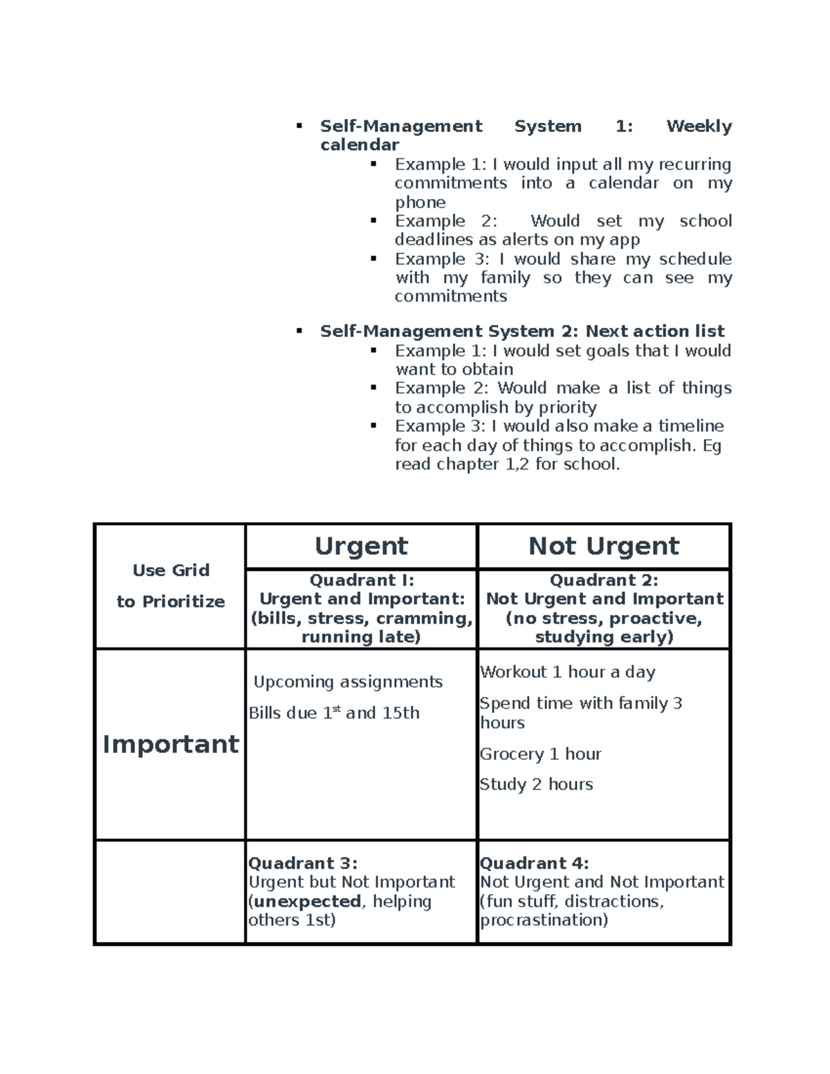 M02 journal - Self-Management System 1: Weekly calendar Example 1: I ...