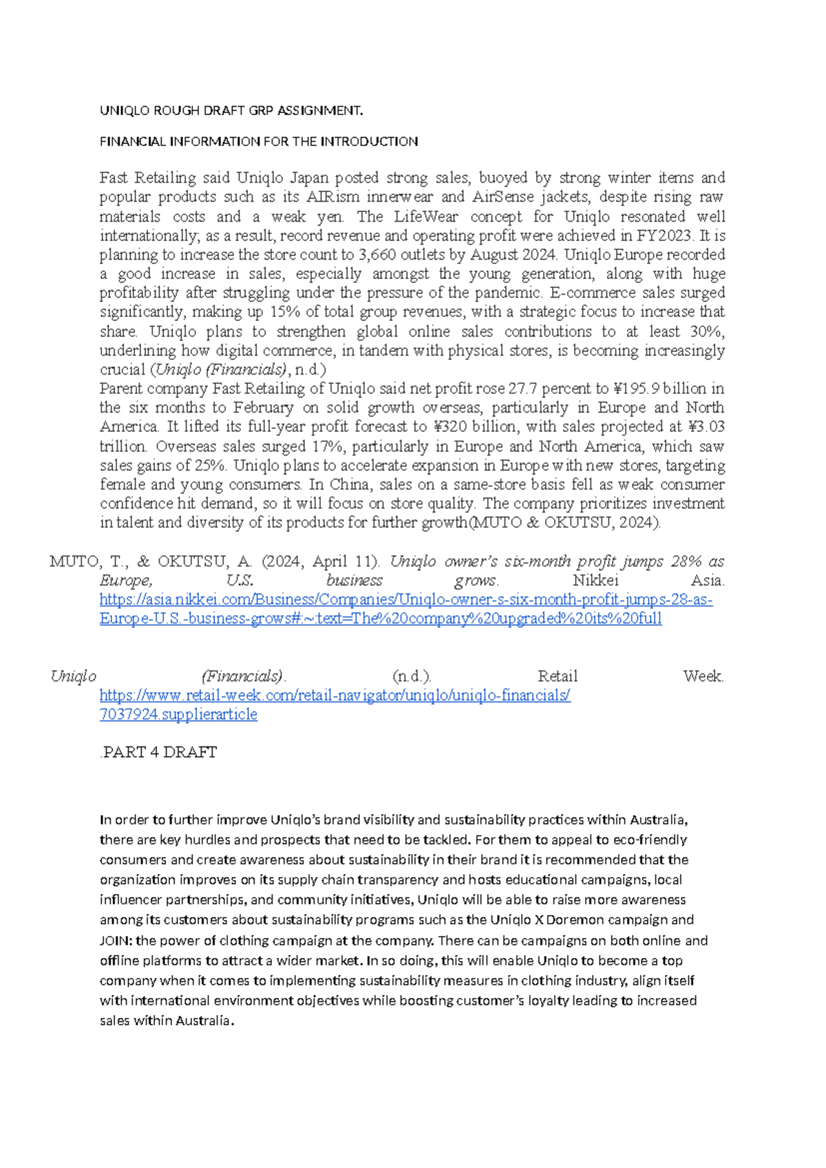 Financial statements - Summary Business Economics - UNIQLO ROUGH DRAFT GRP ASSIGNMENT. FINANCIAL ...