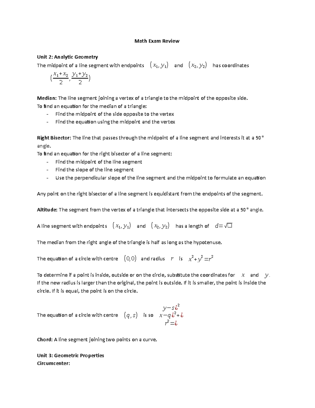 Math Exam Review Sheet. - Math Exam Review Unit 2: Analytic Geometry ...