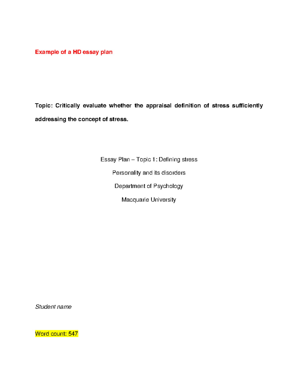 HD Essay PLAN Example - Example of a HD essay plan Topic: Critically ...