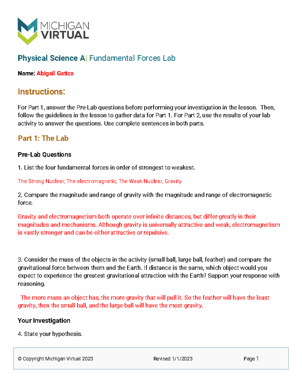 1.06 Fundamental Forces Lab - Physical Science A| Fundamental Forces ...