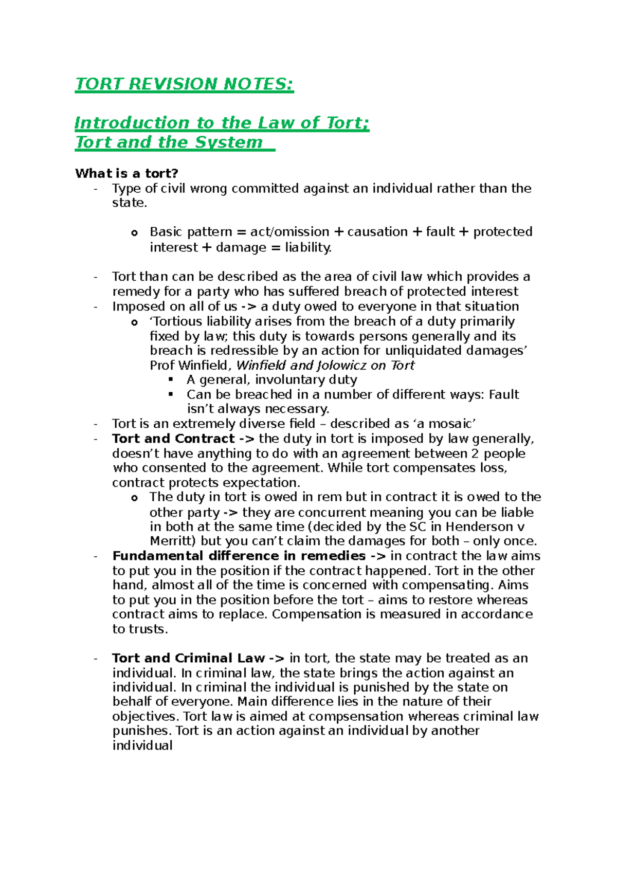 Tort Law Revision Notes (2:1) - TORT REVISION NOTES: Introduction to ...
