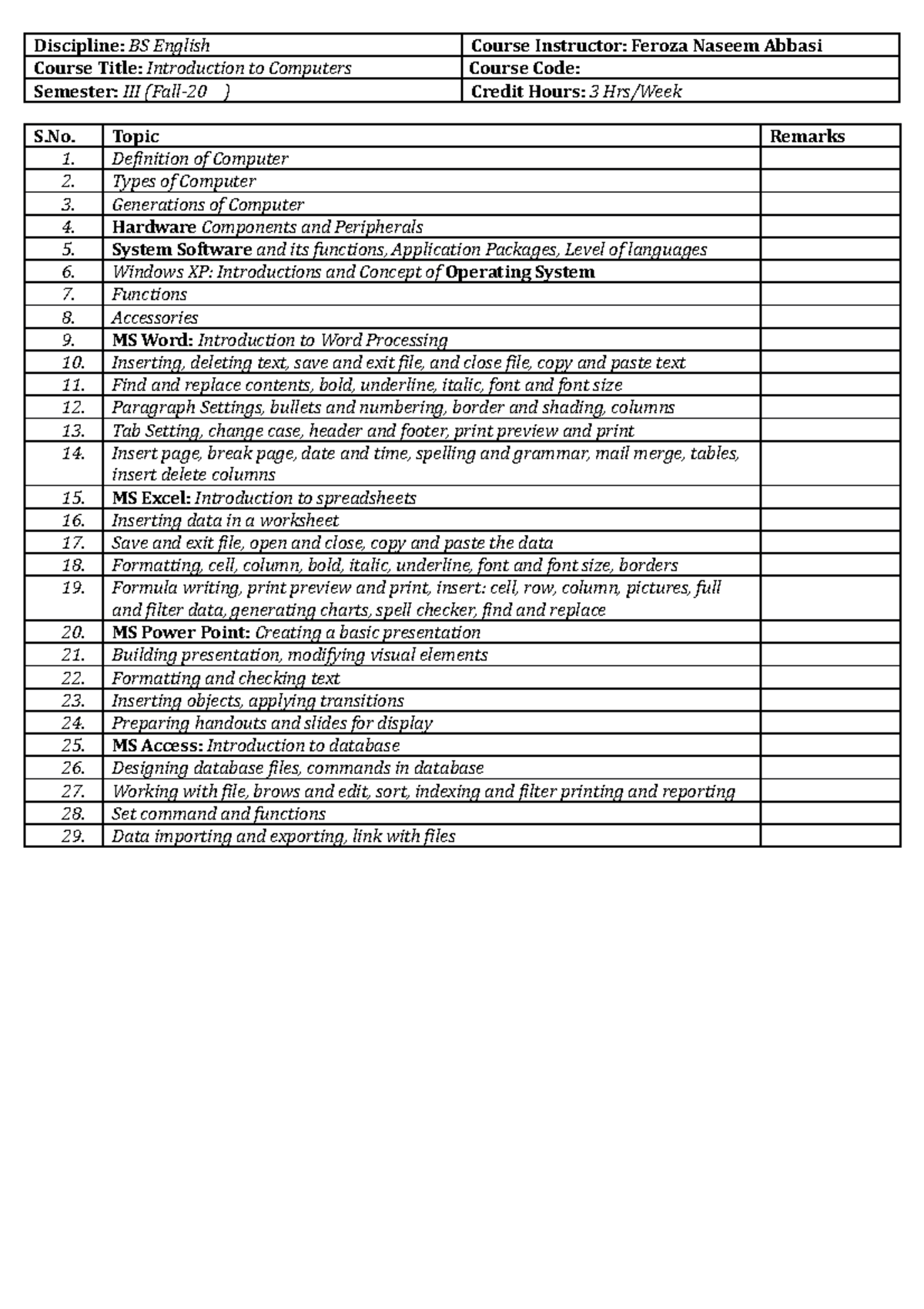 Course Outline ITC English - Discipline: BS English Course Instructor ...