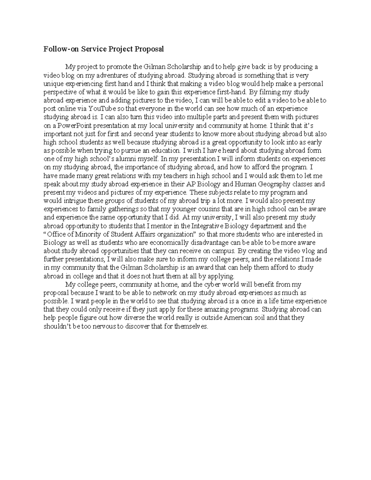 Follow-on Service Project Proposal - Studying abroad is something that ...