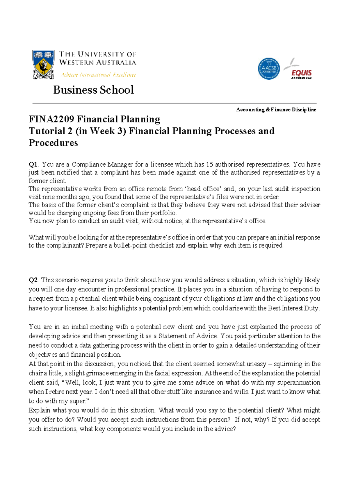 Tutorial 2 - Business School Accounting & Finance Discipline FINA2209 ...