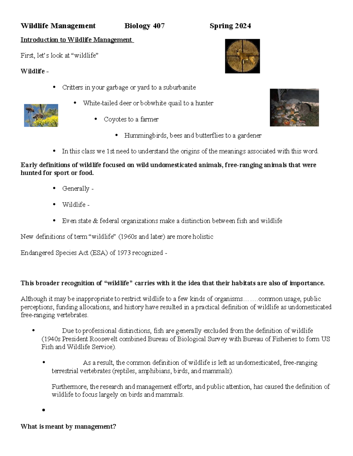 WM Chapter 01 hndt - Wildlife Management Biology 407 Spring 2024 ...