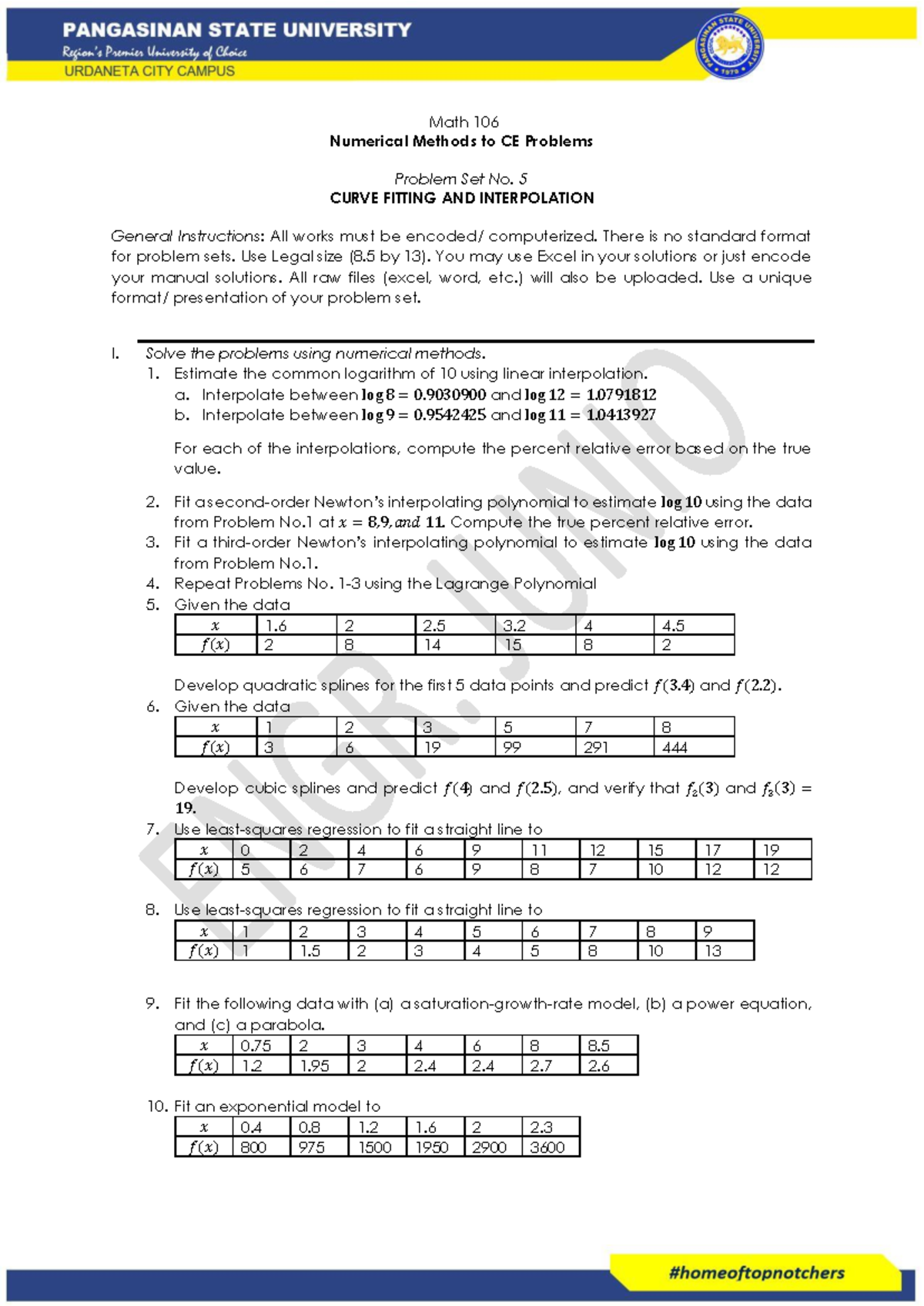 Problem Set No 5 - numerical - Math 1 06 Numerical Methods to CE Problems Problem Set No. 5 ...