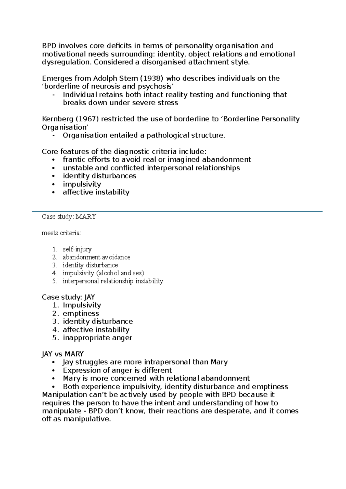 BPD notes WEEK 6 - BPD involves core deficits in terms of personality ...