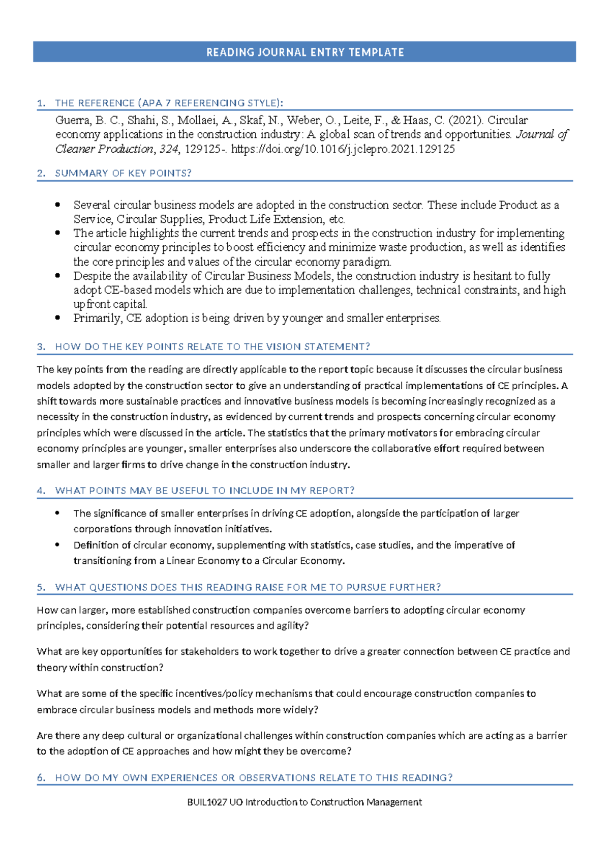 Journal Entry - READING JOURNAL ENTRY TEMPLATE 1. THE REFERENCE (APA 7 ...