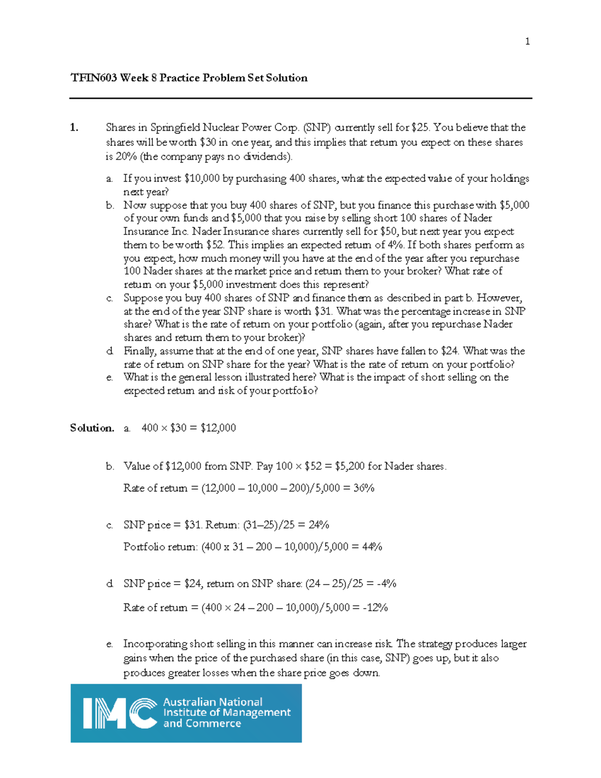 TFIN603 Week 8 Practice Problem Set Solution T1 2023 - TFIN603 Week 8 ...